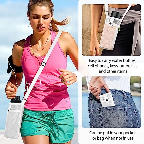 Water Bottle Bag with Strap, Mesh Water Bottle Holder Crossbody Water Bottle Sling Bag Adjustable Shoulder Strap and Pocket - Lightweight Water Bottle Carrier for Walking Sports Hiking Camping (White)