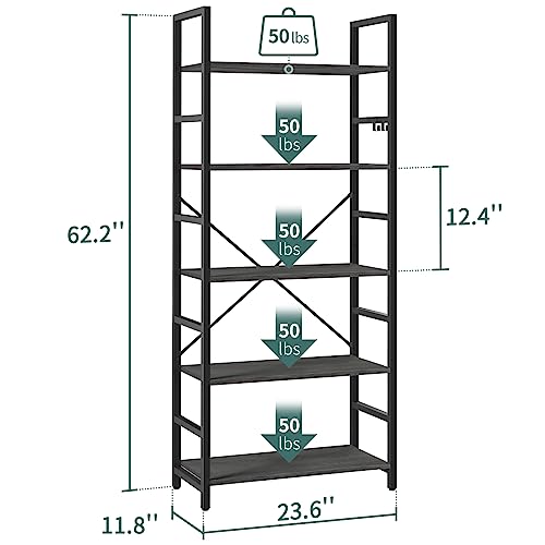 Yoobure 5 Tier Bookshelf - Tall Book Shelf Modern Bookcase for CDs/Movies/Books, Rustic Book Case Industrial Bookshelves Book Storage Organizer for Bedroom Home Office Living Room Grey