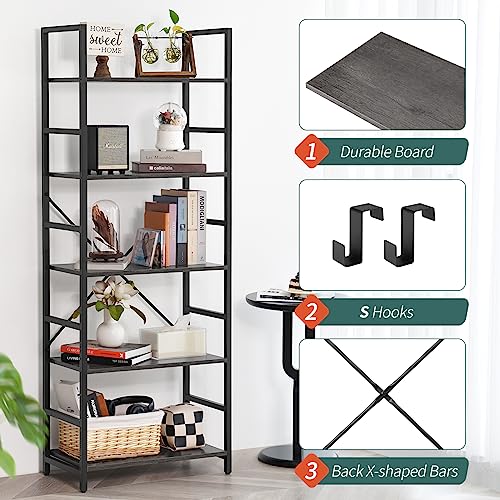 Yoobure 5 Tier Bookshelf - Tall Book Shelf Modern Bookcase for CDs/Movies/Books, Rustic Book Case Industrial Bookshelves Book Storage Organizer for Bedroom Home Office Living Room Grey