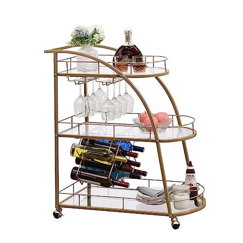 EDWINENE Bar Cart Gold, Metal Frame Home Bar Serving Cart, Wine Cart with 3 Mirrored Shelves, Wine Rack and Glass Holder for Kitchen, Dining Room, Party