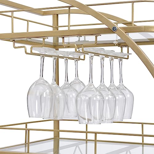 EDWINENE Bar Cart Gold, Metal Frame Home Bar Serving Cart, Wine Cart with 3 Mirrored Shelves, Wine Rack and Glass Holder for Kitchen, Dining Room, Party