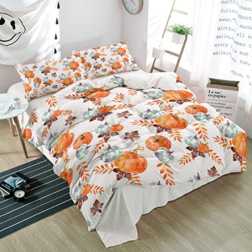 3 Pieces Duvet Cover Bedding Set Cal King Fall Watercolor Pumpkin Burnt Orange Maple Leaf Breathable Ultra Soft Comforter Cover with Zipper and Pillowcases Quilt Covers Thanksgiving Farm Harvest