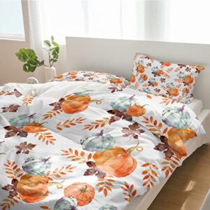 3 Pieces Duvet Cover Bedding Set Cal King Fall Watercolor Pumpkin Burnt Orange Maple Leaf Breathable Ultra Soft Comforter Cover with Zipper and Pillowcases Quilt Covers Thanksgiving Farm Harvest