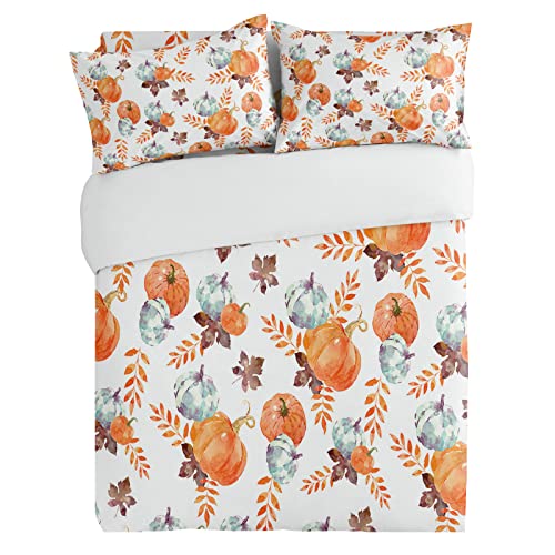 3 Pieces Duvet Cover Bedding Set Cal King Fall Watercolor Pumpkin Burnt Orange Maple Leaf Breathable Ultra Soft Comforter Cover with Zipper and Pillowcases Quilt Covers Thanksgiving Farm Harvest