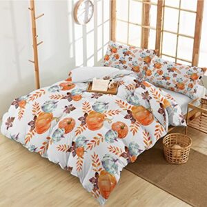 3 Pieces Duvet Cover Bedding Set Cal King Fall Watercolor Pumpkin Burnt Orange Maple Leaf Breathable Ultra Soft Comforter Cover with Zipper and Pillowcases Quilt Covers Thanksgiving Farm Harvest