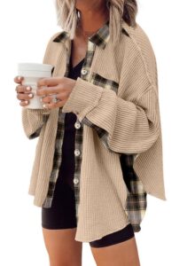 shewin womens waffle knit plaid shacket button down shirts jacket boyfriend shirts long sleeve tops fall clothes for women 2023 apricot s