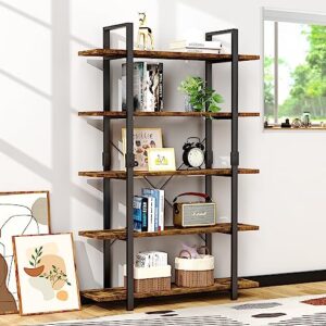 frapow 5 tier industrial bookshelf, 70" large vintage book shelf wood metal frame bookcase wide tall farmhouse open display shelf rustic rack storage organizer for living room bedroom office furniture