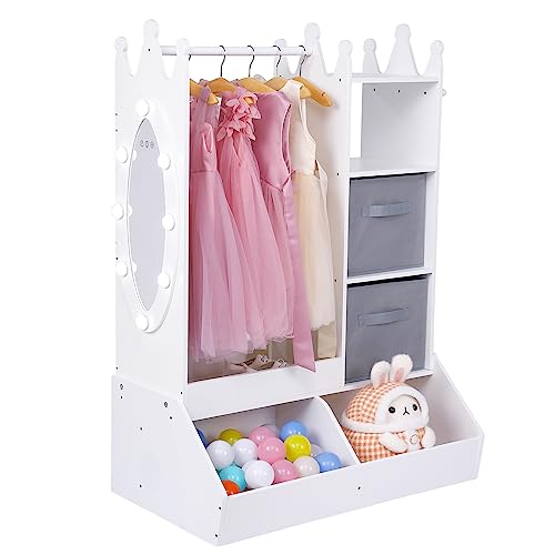 Bophy Girls' Dress up Storage with Light & Mirror, Kids Clothing Rack with Storage Bin, Girl's Open Hanging Armoire Closet, White