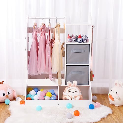 Bophy Girls' Dress up Storage with Light & Mirror, Kids Clothing Rack with Storage Bin, Girl's Open Hanging Armoire Closet, White