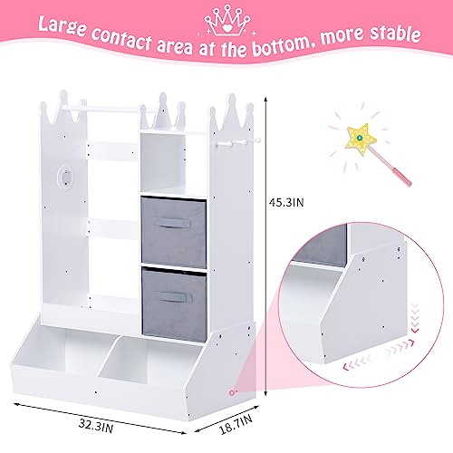 Bophy Girls' Dress up Storage with Light & Mirror, Kids Clothing Rack with Storage Bin, Girl's Open Hanging Armoire Closet, White