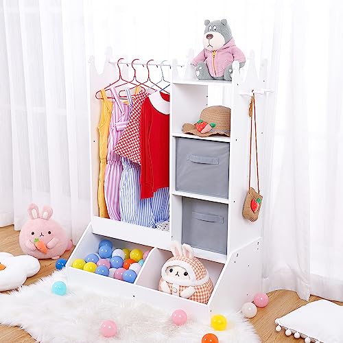 Bophy Girls' Dress up Storage with Light & Mirror, Kids Clothing Rack with Storage Bin, Girl's Open Hanging Armoire Closet, White