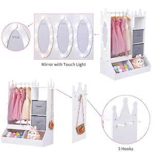 Bophy Girls' Dress up Storage with Light & Mirror, Kids Clothing Rack with Storage Bin, Girl's Open Hanging Armoire Closet, White