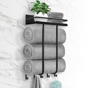 sunzos towel racks for bathroom, towel rack wall mounted with metal shelf and 5 hooks for small bathroom, towel holder for bathroom, bath towel storage for rolled towels organizer, black