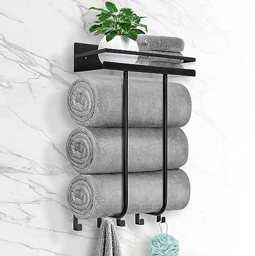 SUNZOS Towel Racks for Bathroom, Towel Rack Wall Mounted with Metal Shelf and 5 Hooks for Small Bathroom, Towel Holder for Bathroom, Bath Towel Storage for Rolled Towels Organizer, Black