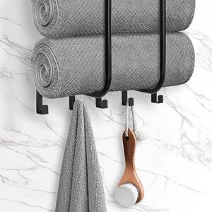 SUNZOS Towel Racks for Bathroom, Towel Rack Wall Mounted with Metal Shelf and 5 Hooks for Small Bathroom, Towel Holder for Bathroom, Bath Towel Storage for Rolled Towels Organizer, Black