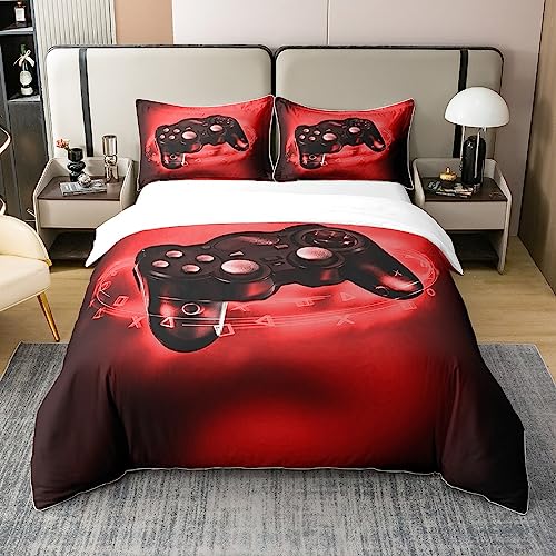 jejeloiu Gaming Duvet Cover 100% Cotton Video Game Bedding 100% Cotton Set for Boys Red Black Gamer Game Controller Quilted Duvet Set with 1 Pillowcases Twin Zipper