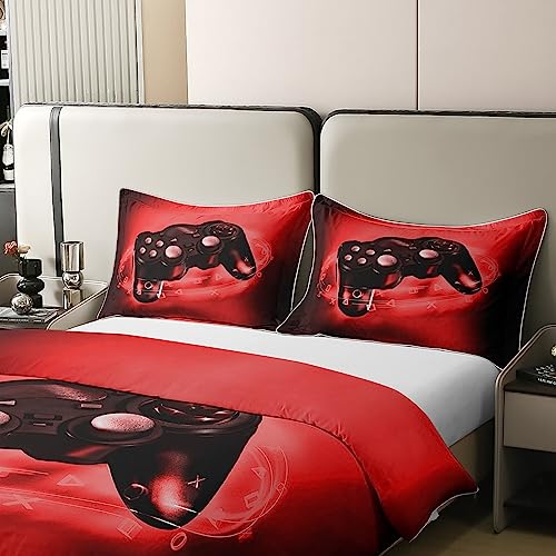 jejeloiu Gaming Duvet Cover 100% Cotton Video Game Bedding 100% Cotton Set for Boys Red Black Gamer Game Controller Quilted Duvet Set with 1 Pillowcases Twin Zipper