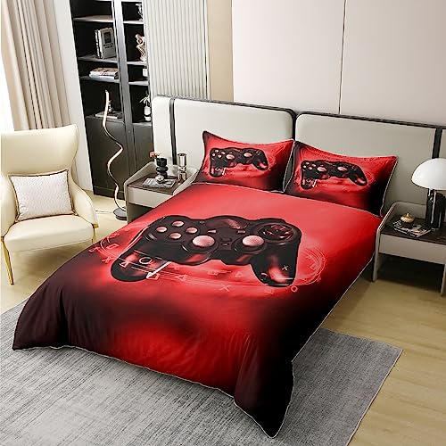 jejeloiu Gaming Duvet Cover 100% Cotton Video Game Bedding 100% Cotton Set for Boys Red Black Gamer Game Controller Quilted Duvet Set with 1 Pillowcases Twin Zipper