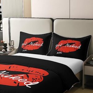 jejeloiu Sexy Red Lips Duvet Cover 100% Cotton Get Naked for Couple Lover Men Funny Quotes Bedding 100% Cotton Set Modern Fashion Stylish Black Red White Duvet Set Room Decor Quilt Cover Queen Zipper