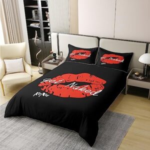 jejeloiu Sexy Red Lips Duvet Cover 100% Cotton Get Naked for Couple Lover Men Funny Quotes Bedding 100% Cotton Set Modern Fashion Stylish Black Red White Duvet Set Room Decor Quilt Cover Queen Zipper