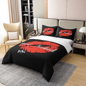 jejeloiu Sexy Red Lips Duvet Cover 100% Cotton Get Naked for Couple Lover Men Funny Quotes Bedding 100% Cotton Set Modern Fashion Stylish Black Red White Duvet Set Room Decor Quilt Cover Queen Zipper