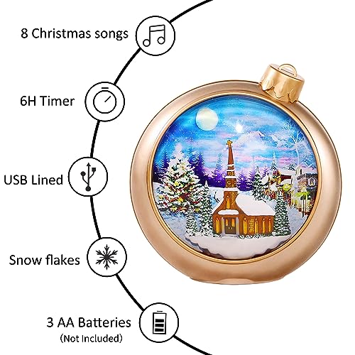 Big Christmas Snow Globes Lighted,6H Timer Snow Globes Bling Snow Globes Christmas Music Box 8 Songs, Golden Round Lantern with Xmas Tree