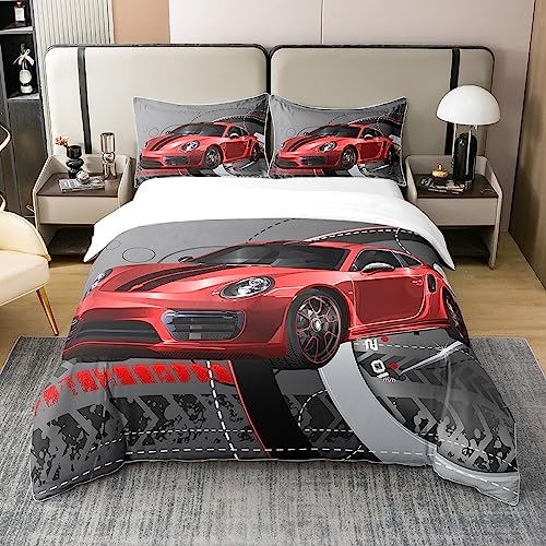 Red Race Car Duvet Cover 100% Cotton Sports Car Bedding 100% Cotton Set Extreme Sport Theme Gorgeous Duvet Set Cool Speed Automobile Decor Quilt Cover with 2 Pillowcases 3Pcs Bedding Queen Zipper