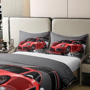 Red Race Car Duvet Cover 100% Cotton Sports Car Bedding 100% Cotton Set Extreme Sport Theme Gorgeous Duvet Set Cool Speed Automobile Decor Quilt Cover with 2 Pillowcases 3Pcs Bedding Queen Zipper