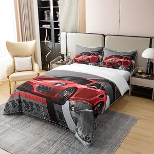 Red Race Car Duvet Cover 100% Cotton Sports Car Bedding 100% Cotton Set Extreme Sport Theme Gorgeous Duvet Set Cool Speed Automobile Decor Quilt Cover with 2 Pillowcases 3Pcs Bedding Queen Zipper