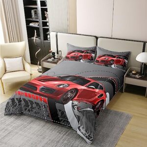 Red Race Car Duvet Cover 100% Cotton Sports Car Bedding 100% Cotton Set Extreme Sport Theme Gorgeous Duvet Set Cool Speed Automobile Decor Quilt Cover with 2 Pillowcases 3Pcs Bedding Queen Zipper