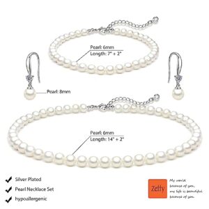 Zeffy Pearl Necklace and Earring Set for Women, White Round Faux Pearl Necklace Bracelet Earring Set of 3, Jewelry for Brides Girls