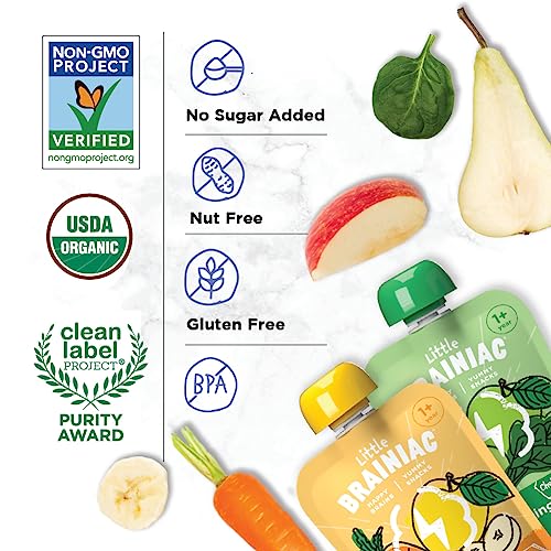 Little Brainiac Organic Fruit & Veggie Snack Brain Boosting Toddler Pouches, Two Flavor Variety Pack, Brain-Supporting Nutrients, Clean Label, BPA-Free, Non-GMO (3.5 oz, Pack of 12)