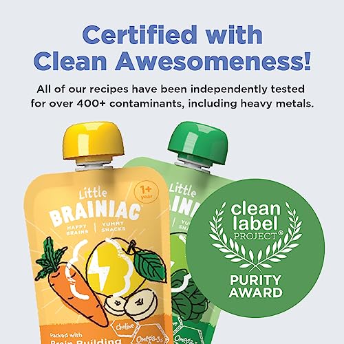 Little Brainiac Organic Fruit & Veggie Snack Brain Boosting Toddler Pouches, Two Flavor Variety Pack, Brain-Supporting Nutrients, Clean Label, BPA-Free, Non-GMO (3.5 oz, Pack of 12)