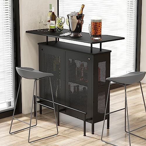 Giantex 4-Tier Home Bar Unit, Home Bar Cabinet w/ 2 Wine Storage Shelves & 6 Stemware Holders, Metal Front & Footrest, 7 Adjustable Feet, Industrial Metal Wine Bar Table for Kitchen, Pub, Black