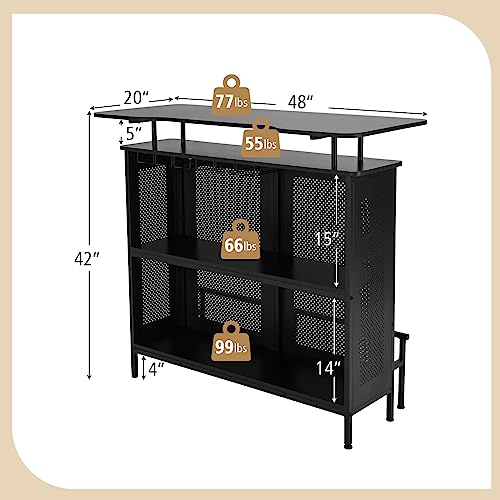 Giantex 4-Tier Home Bar Unit, Home Bar Cabinet w/ 2 Wine Storage Shelves & 6 Stemware Holders, Metal Front & Footrest, 7 Adjustable Feet, Industrial Metal Wine Bar Table for Kitchen, Pub, Black