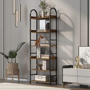 dhaey modern bookshelf 7 tier with 4 hooks,industrial wood bookcase,vintage storage rack with open shelves,rustic standing bookshelves metal frame display rack for bedroom,rustic brown