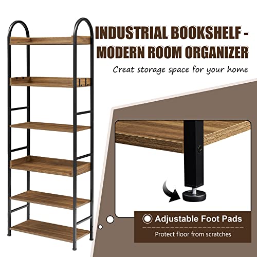 DHAEY Modern Bookshelf 7 Tier with 4 Hooks,Industrial Wood Bookcase,Vintage Storage Rack with Open Shelves,Rustic Standing Bookshelves Metal Frame Display Rack for Bedroom,Rustic Brown