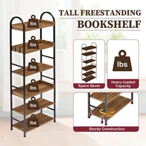 DHAEY Modern Bookshelf 7 Tier with 4 Hooks,Industrial Wood Bookcase,Vintage Storage Rack with Open Shelves,Rustic Standing Bookshelves Metal Frame Display Rack for Bedroom,Rustic Brown