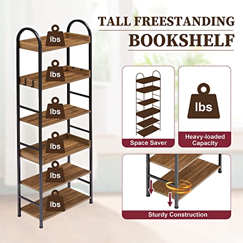 DHAEY Modern Bookshelf 7 Tier with 4 Hooks,Industrial Wood Bookcase,Vintage Storage Rack with Open Shelves,Rustic Standing Bookshelves Metal Frame Display Rack for Bedroom,Rustic Brown