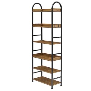 DHAEY Modern Bookshelf 7 Tier with 4 Hooks,Industrial Wood Bookcase,Vintage Storage Rack with Open Shelves,Rustic Standing Bookshelves Metal Frame Display Rack for Bedroom,Rustic Brown