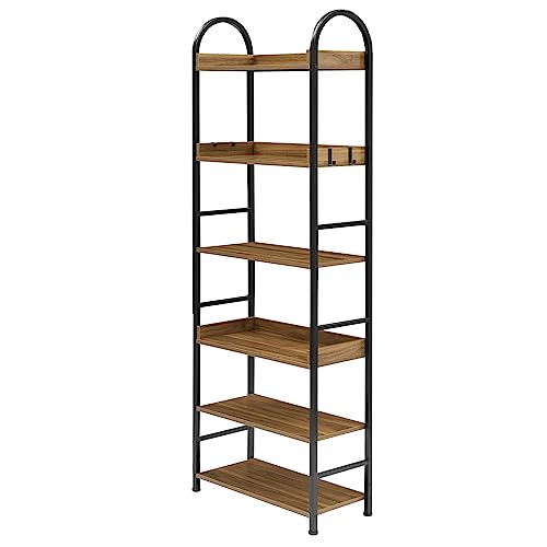 DHAEY Modern Bookshelf 7 Tier with 4 Hooks,Industrial Wood Bookcase,Vintage Storage Rack with Open Shelves,Rustic Standing Bookshelves Metal Frame Display Rack for Bedroom,Rustic Brown