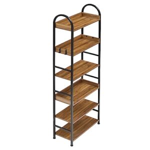 DHAEY Modern Bookshelf 7 Tier with 4 Hooks,Industrial Wood Bookcase,Vintage Storage Rack with Open Shelves,Rustic Standing Bookshelves Metal Frame Display Rack for Bedroom,Rustic Brown