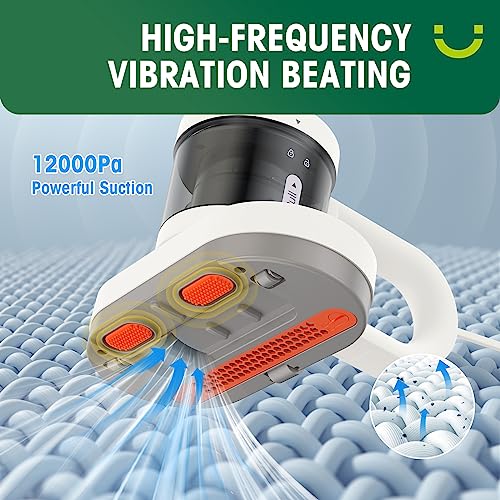 Mucheed Bed Vacuum Cleaner Mattress Vacuum Cleaner with 12Kpa Powerful Suction and Light Weight,Corded Handheld UV Vacuum Cleaner High Frequency Double Beat for Bed,Sheets,Sofa,Carpets