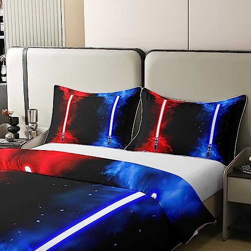 jejeloiu Lightsaber Duvet Cover 100% Cotton Full Size Cool Design Bedding 100% Cotton Set for Kids Boys Girls Teens Room Decor Red Blue Tie Dye Comforter Cover Set Bedspread Cover 3Pcs Zipper