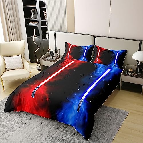 jejeloiu Lightsaber Duvet Cover 100% Cotton Full Size Cool Design Bedding 100% Cotton Set for Kids Boys Girls Teens Room Decor Red Blue Tie Dye Comforter Cover Set Bedspread Cover 3Pcs Zipper