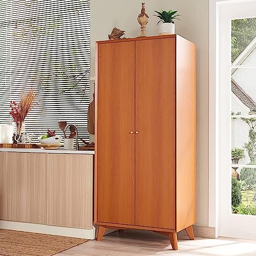 OKD Storage Cabinet w/Adjustable Shelves, 72" Tall Mid Century Modern Kitchen Pantry with Door, 20" Deep Armoire Closet w/Hanging Rod Versatile Storage for Bathroom, Laundry, or Living Room, Cherry