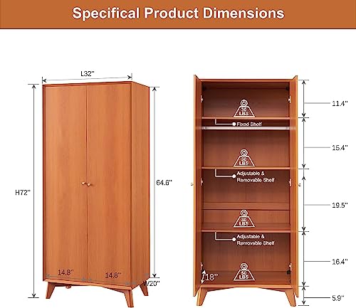 OKD Storage Cabinet w/Adjustable Shelves, 72" Tall Mid Century Modern Kitchen Pantry with Door, 20" Deep Armoire Closet w/Hanging Rod Versatile Storage for Bathroom, Laundry, or Living Room, Cherry