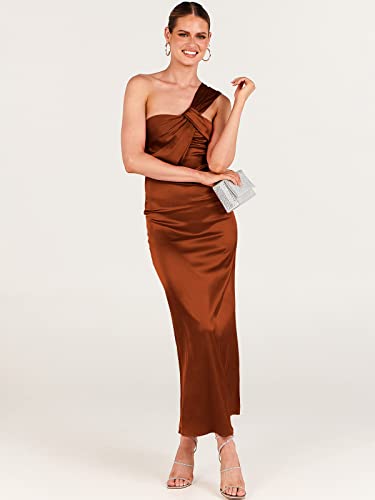 ANRABESS Women's Silk One Shoulder Wedding Guest Bodycon Dress Cocktail Evening Party Long Midi Dress A942-Xiuhong-M Rust