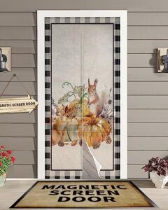 ocomster thanksgiving magnetic screen door, pumpkin squirrel pinecone leaves fall watercolor hands free screen mesh size 38'' x 83'', reinforce heavy duty mesh screen doors for patio/front door