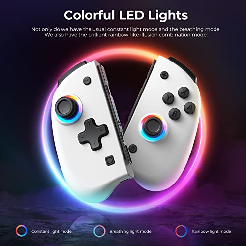 ECHTPower LED Gamepad for Switch/Switch OLED, Wireless Switch Controller, 8 Color Adjustable Light, Wake-up/Macro Button/Turbo/Vibration/Motion Functions, L/R Controllers-White